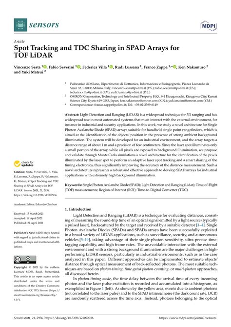 Pdf Spot Tracking And Tdc Sharing In Spad Arrays For Tof Lidar