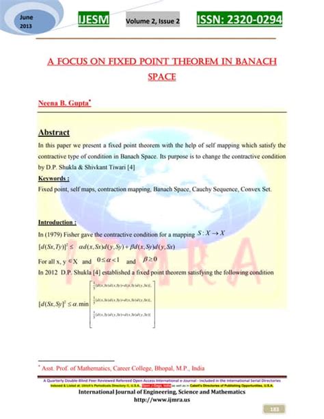 A Focus On Fixed Point Theorem In Banach Space Pdf Publishing