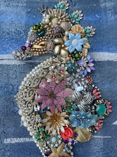 Jewelry Collage Art Sea Horse Assemblage Vintage Enamel Flower Etsy