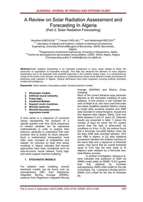 PDF A Review On Solar Radiation Assessment And Forecasting In Algeria Part Solar