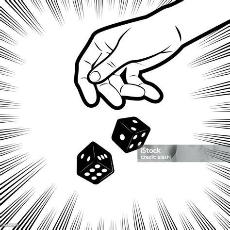 방사형 만화 스피드 라인이 있는 배경에 두 개의 주사위를 던지는 인간의 손 주사위에 대한 스톡 벡터 아트 및 기타 이미지