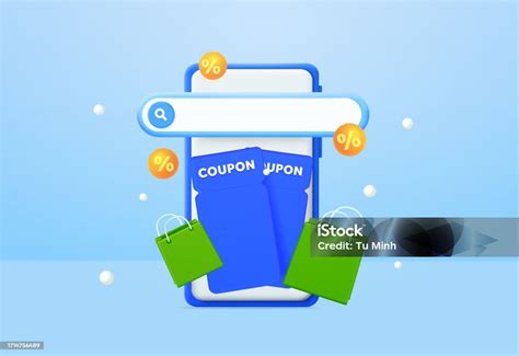 판매 쿠폰 바우처가 있는 스마트폰 검색 창 쇼핑백 백분율 구 온라인 판매 및 마케팅 개념입니다 판매 쿠폰 및 온라인 쇼핑 구성 3d 벡터 그림 3차원 형태에 대한 스톡 벡터