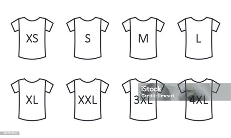 벡터 아이콘 의류 크기 가이드 Xs에서 4xl까지의 티셔츠 편집 가능한 획 가는 선 검정 세트 기호 소형 중형 대형 유형 바느질