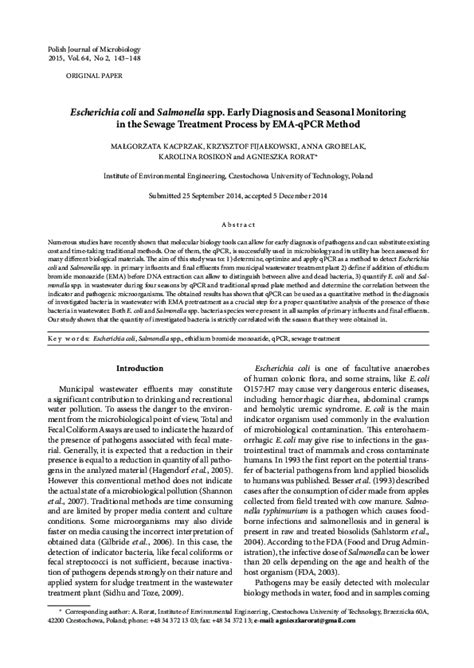 Pdf Escherichia Coli And Salmonella Spp Early Diagnosis And Seasonal Monitoring In The Sewage