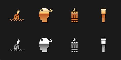 물 속의 메시지 해적 선장 다이너마이트 폭탄 및 망원경 망원경 렌즈 아이콘이 있는 병을 설정합니다 벡터 가공의 인물에 대한 스톡 벡터 아트 및 기타 이미지 Istock