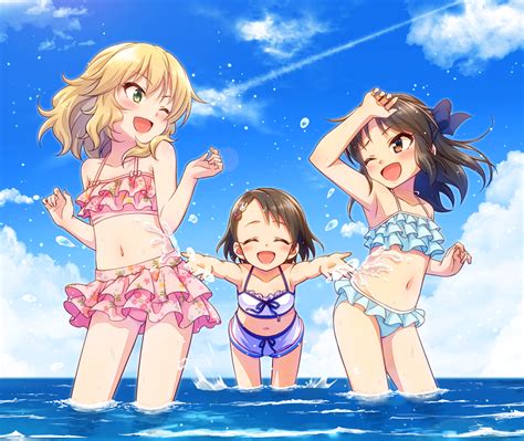 Safebooru 3girls Bikini Black Eyes Black Hair Blonde Hair Blue Bow