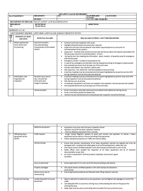 Jsa For Excavation And Backfilling Pdf Safety
