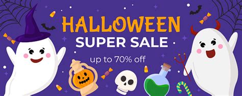 벡터 해피 할로윈 배너 템플릿입니다 휴일 배경입니다 만화 오렌지 호박 마녀 모자 박쥐 유령 사탕 보라색에 두개골 배경 전단지 이벤트 포스터 10월에 대한 스톡 벡터 아트 및