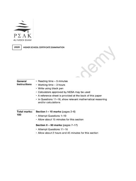 Peak Maths Ext 2 Mock Hsc Exam 2020 Pdf Complex Number Mathematical Analysis