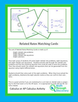 Calculus Related Rates Matching Cards By Math Through Discovery LLC
