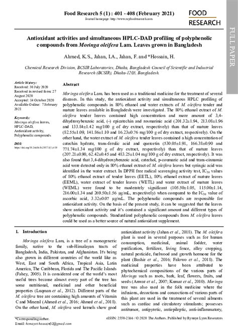 Pdf Antioxidant Activities And Simultaneous Hplc Dad Profiling Of