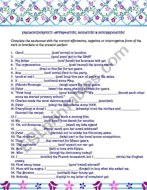 Present Perfect Affirmative Negative And Interrogative Key Esl Worksheet By Dinglesazara