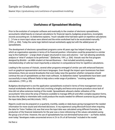 ⇉usefulness Of Spreadsheet Modelling Essay Example Graduateway