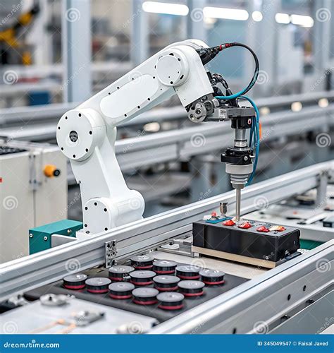 Robotic Arm Performing Precision Tasks On Assembly Line Surrounded By