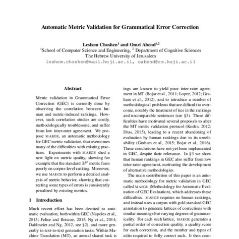 Automatic Metric Validation For Grammatical Error Correction Acl Anthology