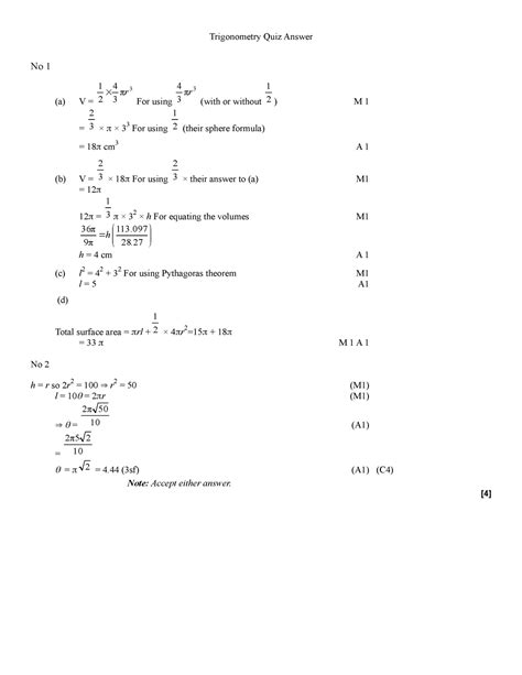 Trigonometry Quiz Answer Trigonometry Quiz Answer No a V π r For using