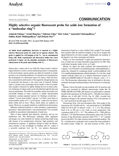 Pdf Highly Selective Organic Fluorescent Probe For Azide Ion