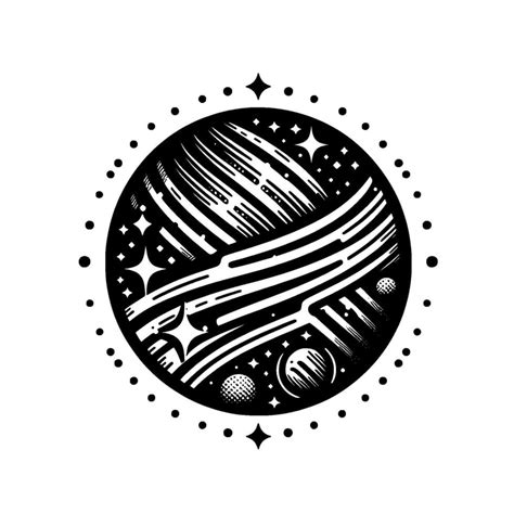 Black And White Cosmic Illustration A Detailed Celestial Sphere Within A Dotted Border
