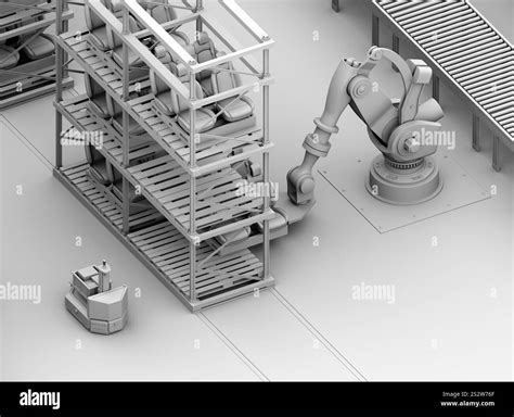 Clay Shaded Image Of A Large Industrial Robot Carrying Car Seats From A