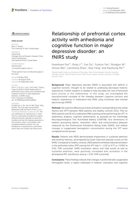 Pdf Relationship Of Prefrontal Cortex Activity With Anhedonia And Cognitive Function In Major