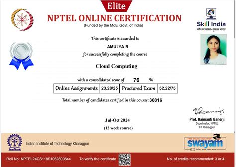 Completed Cloud Computing Certification From Nptel Iit Madras Amulya