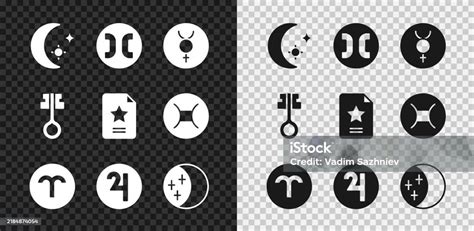 설정 달과 별 물고기 자리 조디악 기호 수성 양자리 목성 태양의 일식 오래 된 마법 열쇠 및 별 별자리 아이콘 벡터 가득 찬에