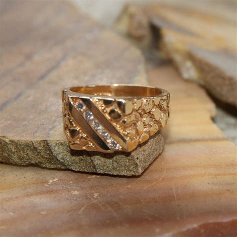 Vintage Mens Solid 14k Yellow Gold Diamond Nugget Ring Diamond Nugget