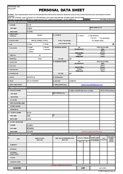 Cs Form No 212 Personal Data Sheet Revised Personal Data Sheet Warning Any Misrepresentation