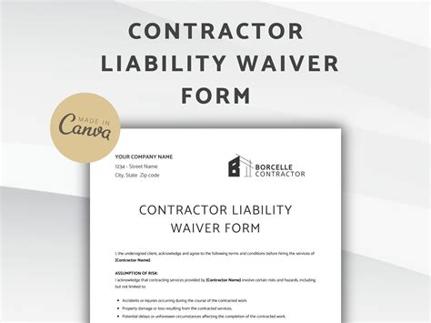 Contractor Liability Waiver Template Editable Agreement Form A4us