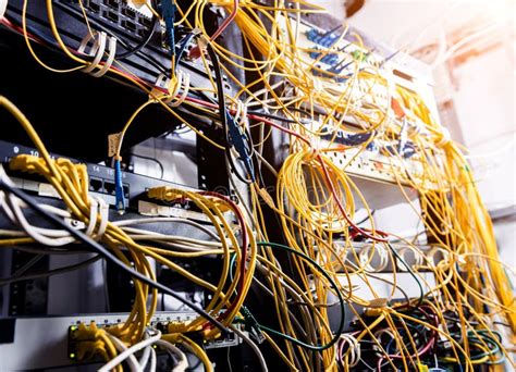 Server Room With Computers For Internet Network Cables Connected To