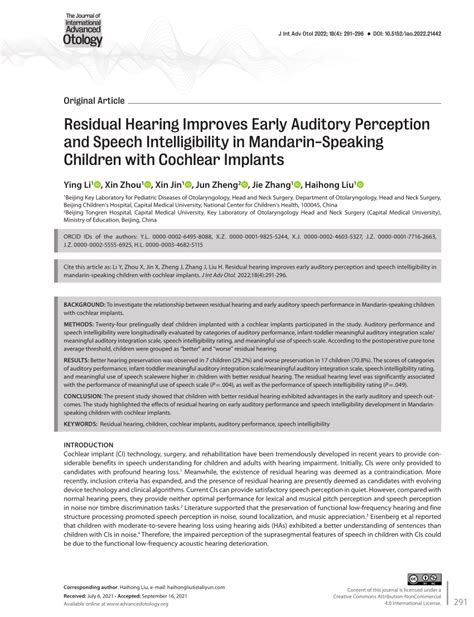 Pdf Residual Hearing Improves Early Auditory Perception And Speech Intelligibility In Mandarin