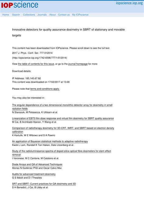 Pdf Innovative Detectors For Quality Assurance Dosimetry In Sbrt Of Stationary And Movable Targets
