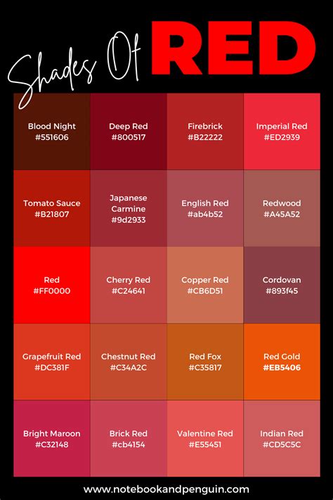 65 Red Hex Codes With Red Color Names And Rgb Values