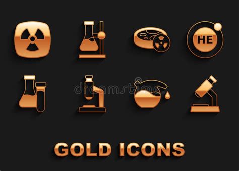 Set Microscope Helium Test Tube With Toxic Liquid Radioactive And Flask On Stand Icon