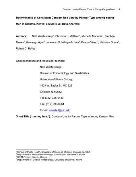 Pdf Determinants Of Consistent Condom Use Vary By Partner Type Among Young Men In Kisumu