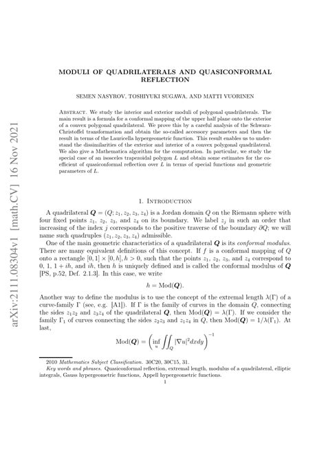 Pdf Moduli Of Quadrilaterals And Quasiconformal Reflection