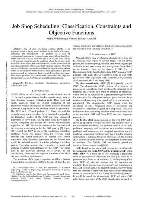 Pdf Job Shop Scheduling Classification Constraints And Objective