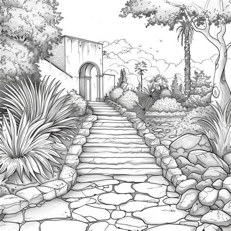 Premium Photo A Drawing Of A Garden With A Stone Path And A Gate
