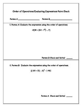 Order Of Operations And Evaluating Variable Expressions Pairs Check