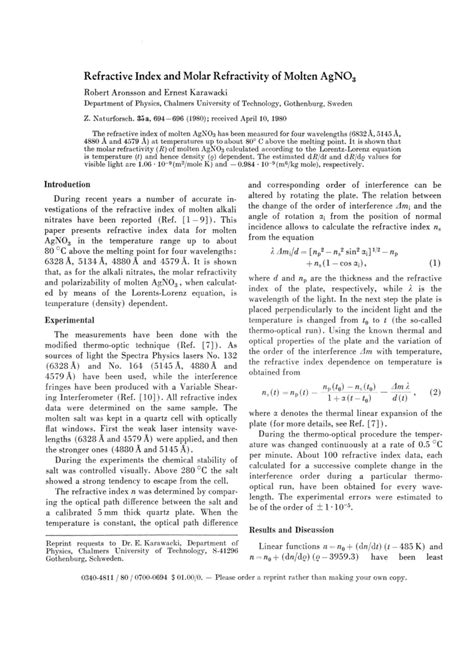 Pdf Refractive Index And Molar Refractivity Of Molten Agno3