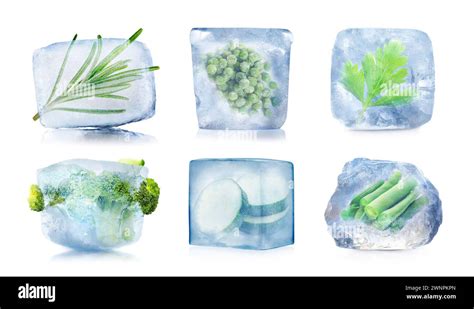 Frozen Food Different Vegetables And Herbs In Ice Cubes Isolated On