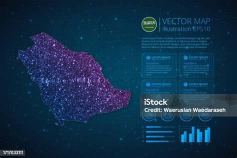 사우디 아라비아 지도 인포그래픽 템플릿은 다이어그램 그래프 프리젠테이션 및 파란색 배경에 추상적인 기하학적 메쉬 다각형 조명 개념이 있는 차트입니다 리야드에 대한 스톡 벡터
