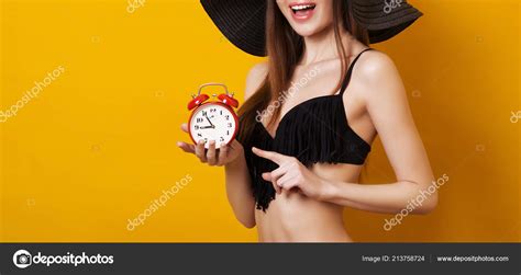 Sexy Girl Holding Alarm Clock Isolated Yellow Babe Model Black Stock Photo By Volurol
