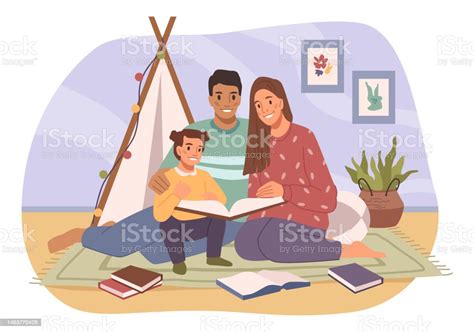 행복한 가족은 바닥에 앉아 책이나 동화를 읽고 있다 집에 있는 부모와 자식 웃는 어머니 아버지와 딸이 함께 시간을 보내고 있습니다 평면 만화 다채로운 벡터 삽화 가공의