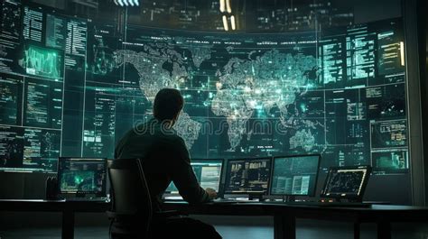 man monitoring global digital network data on multiple screens in dark