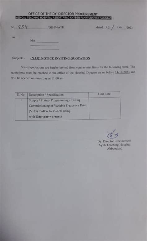 Notice Inviting Quotation For Supply Fixing Programming Testing Commissioning Of VFD 55 KW