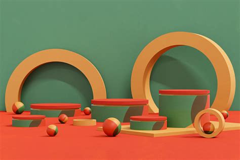 화장품 프리젠 테이션을위한 다채로운 서클 무대 연단 파스텔 색상 배경의 제품에 대한 모형 인사말 카드 포스터 및 배너 모형 템플릿 3d 일러스트레이션 0명에 대한 스톡 사진