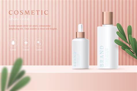 잎이 있는 분홍색 배경에 화장품 및 스킨 케어 제품 광고 템플릿 프리미엄 벡터