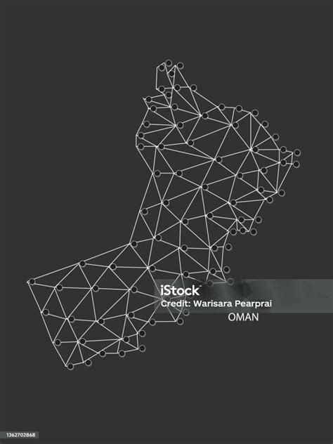 오만 맵 포인트는 검은색 배경에서 비늘을 비늘로 조정합니다 와이어 프레임 다각형 네트워크 화이트 라인 도트 및 그림자 점 개념에 대한 스톡 벡터 아트 및 기타 이미지