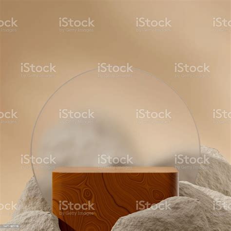 정사각형 젖빛 유리와 바위 배경에 나무 질감의 연단 3d 렌더링 빈 장면 0명에 대한 스톡 사진 및 기타 이미지 0명 3차원 형태 강단 Istock